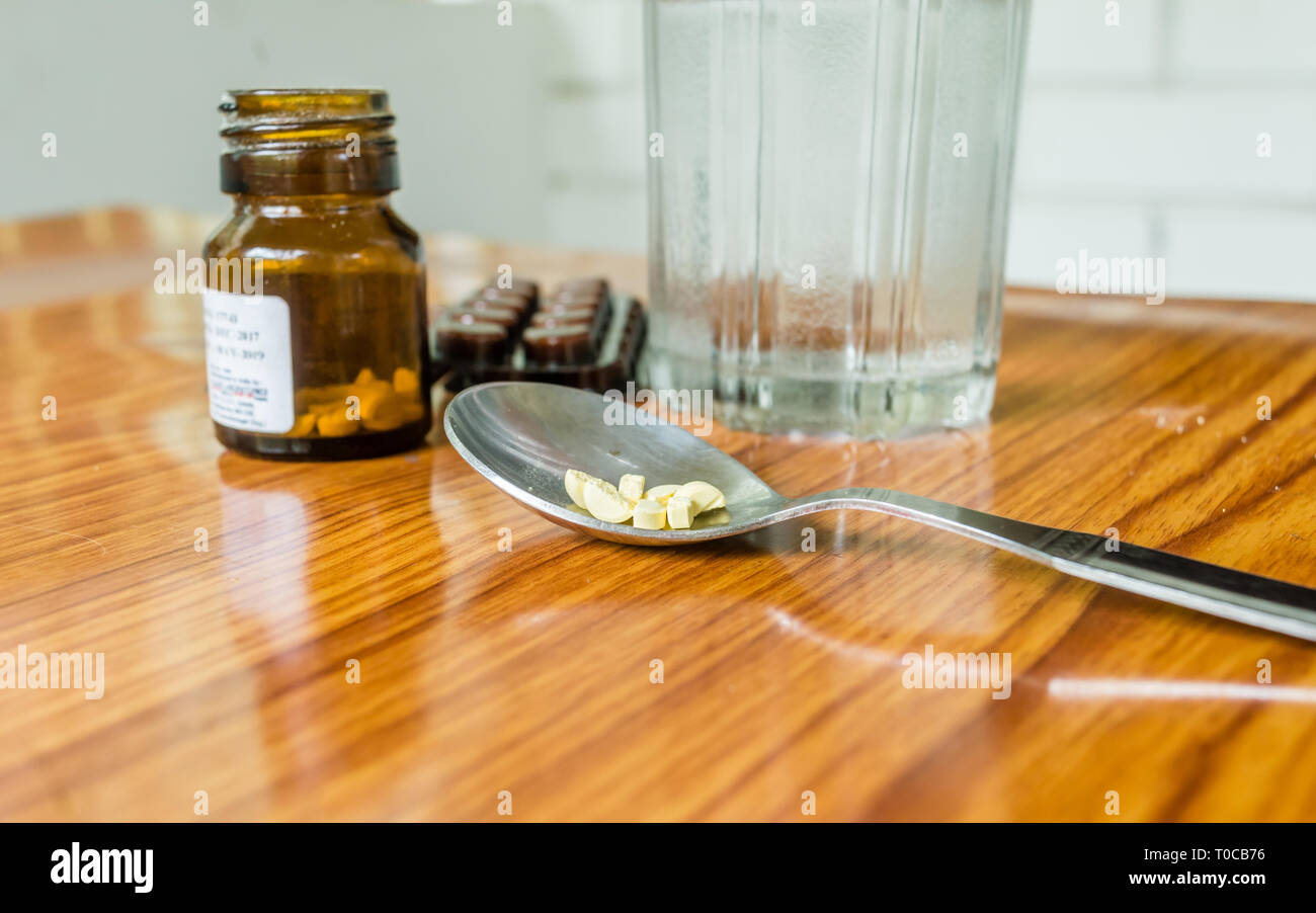 View of antioxidants vitamin tablet, pill blisters, a bottle of drug ...