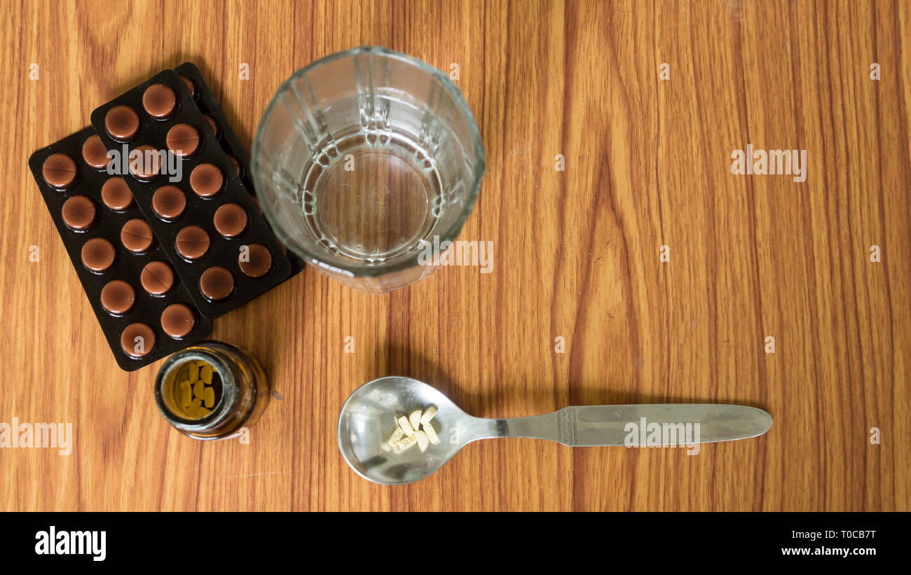 View of antioxidants vitamin tablet, pill blisters, a bottle of drug ...