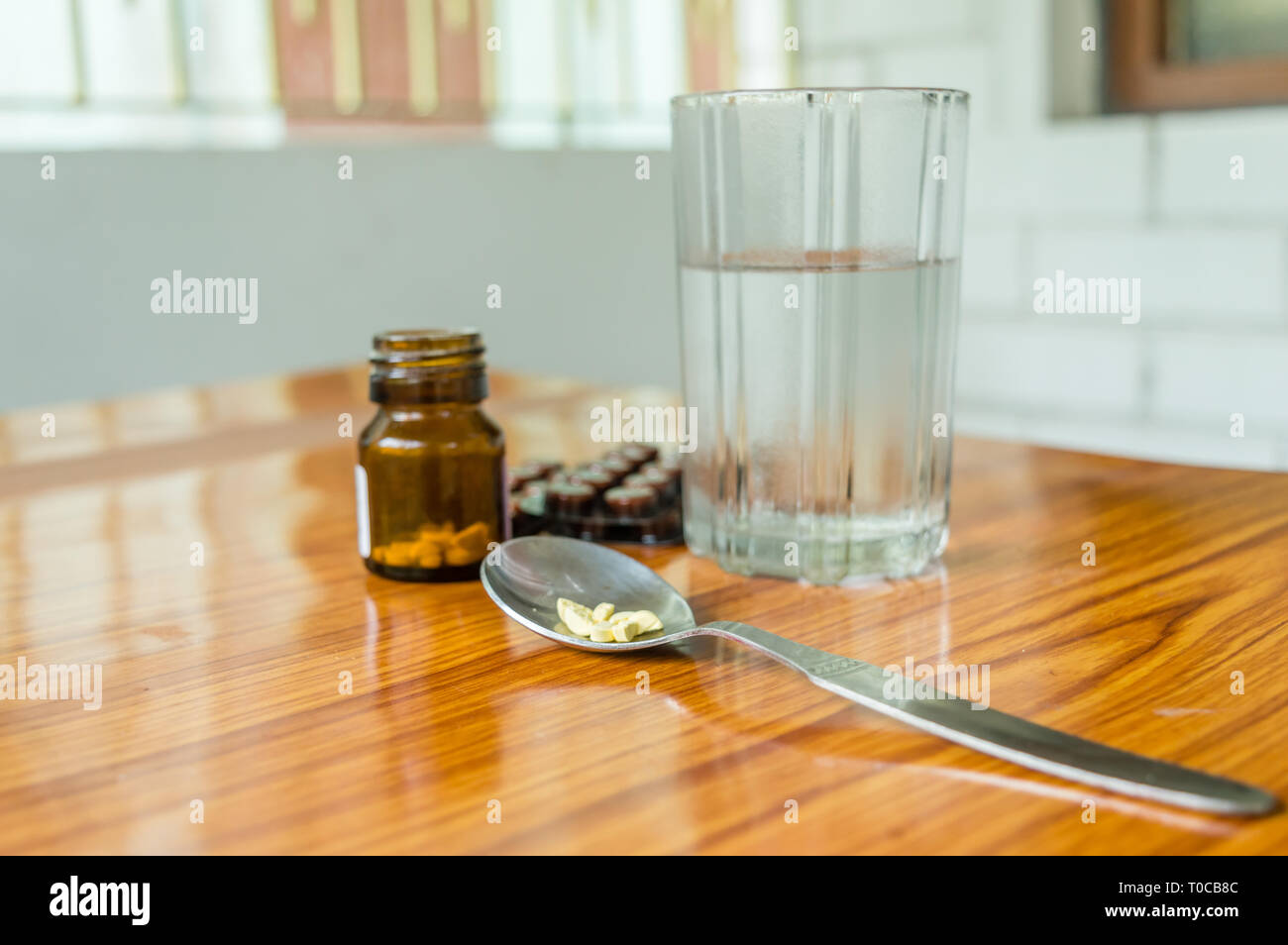 View of antioxidants vitamin tablet, pill blisters, a bottle of drug ...