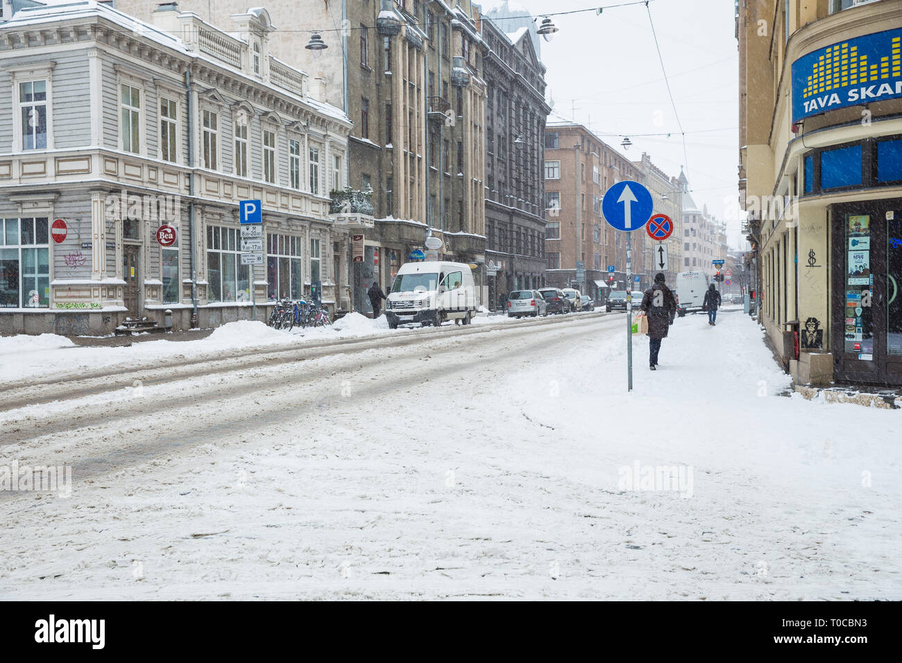 City Riga, Latvia. Urban town streets, cars, peoples at street and ...