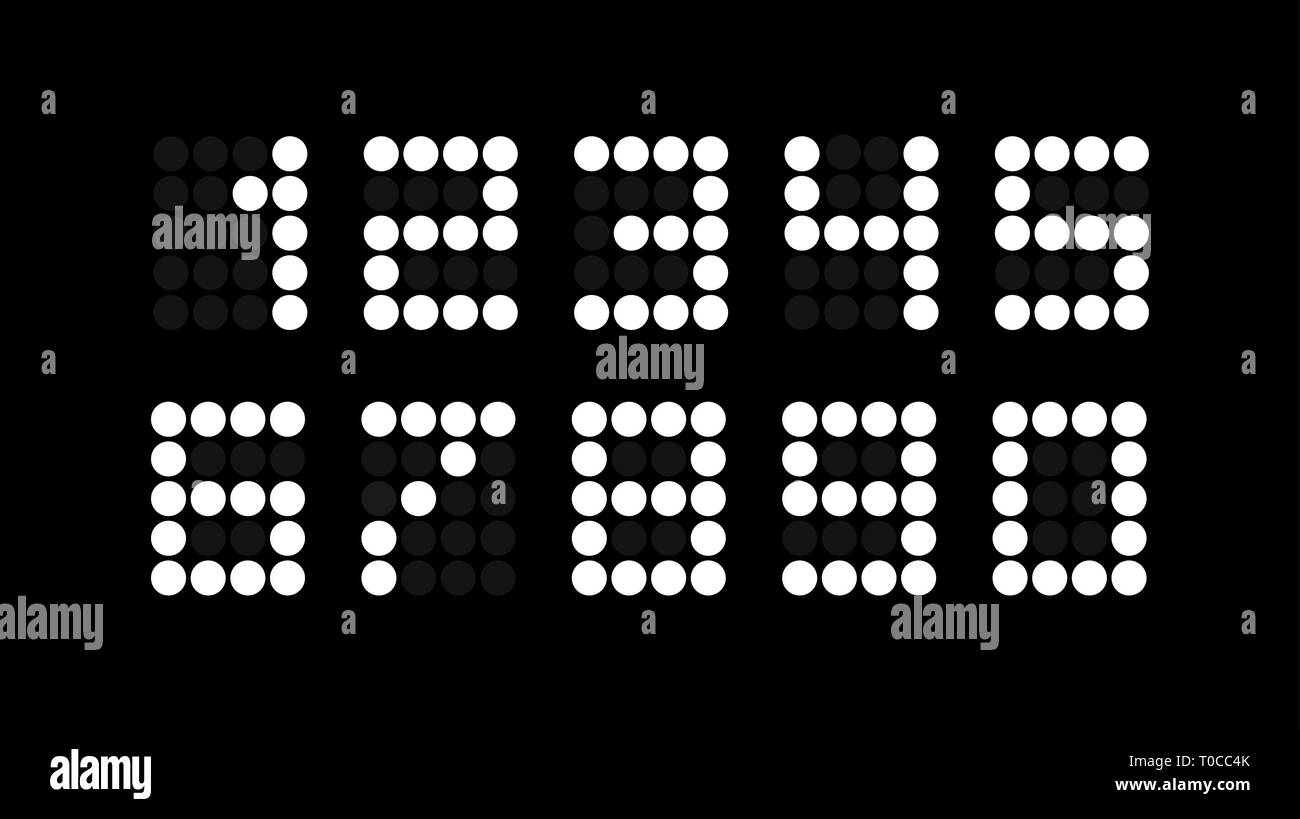set of numbers simulating an electronic scoreboard with round segments ...