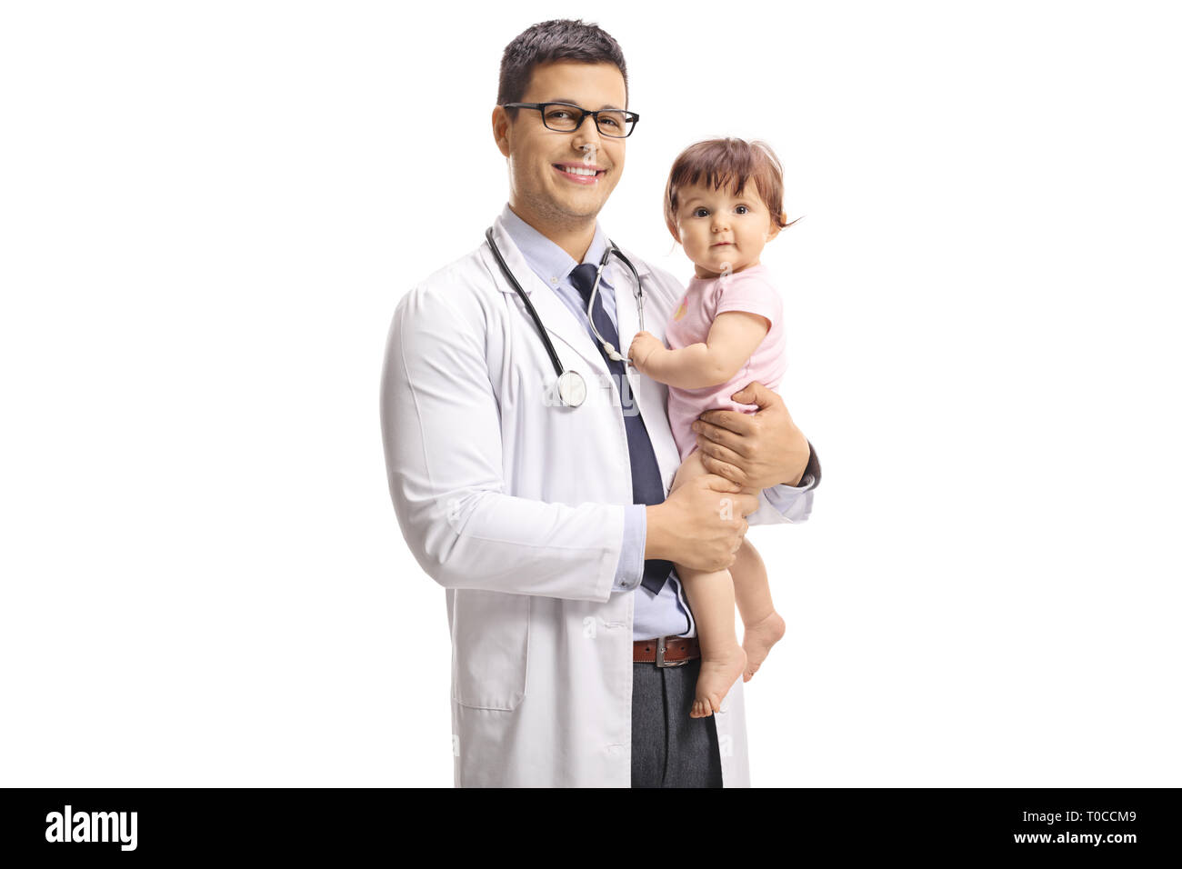 Smiling male pediatrician doctor holding a baby girl isolated on white ...