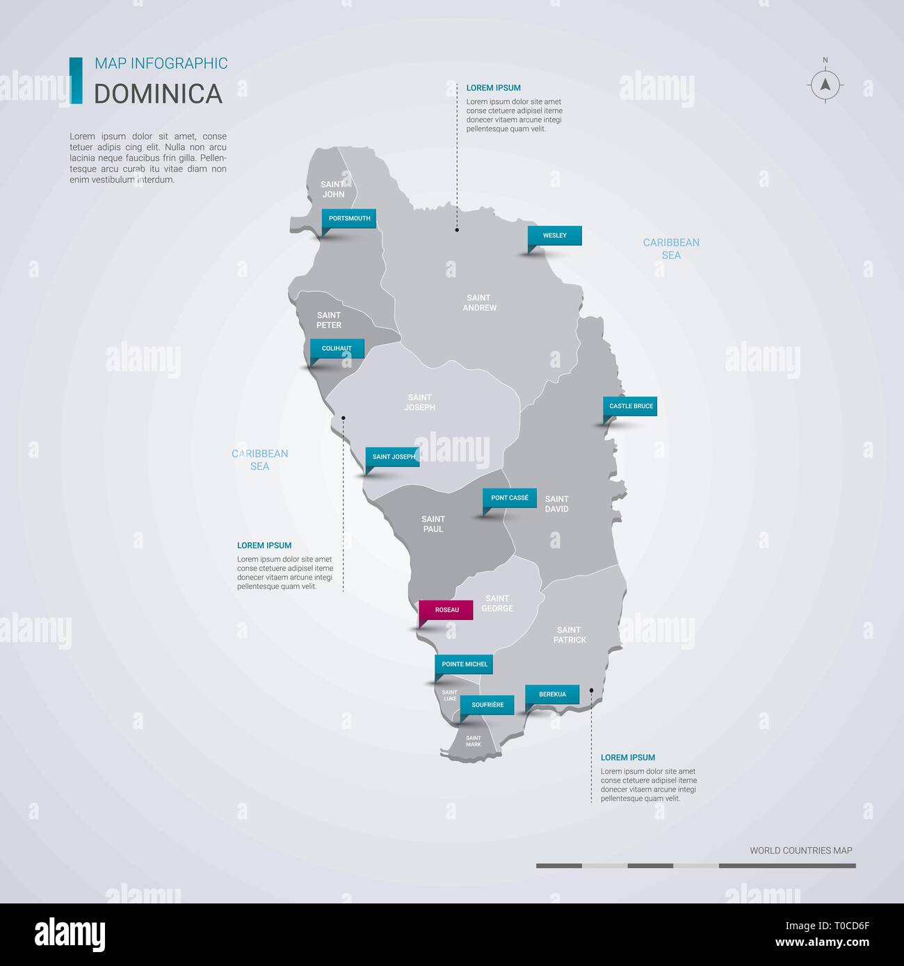 Dominica vector map with infographic elements, pointer marks. Editable ...