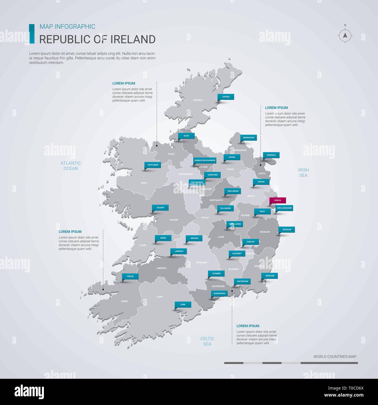 Republic of Ireland vector map with infographic elements, pointer marks ...