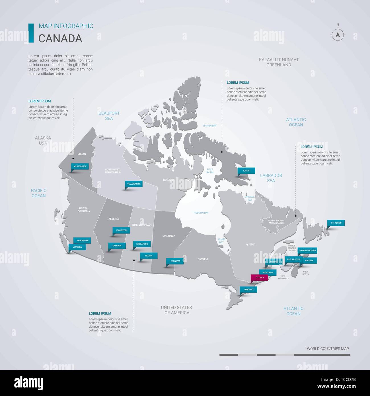 Canada vector map with infographic elements, pointer marks. Editable ...