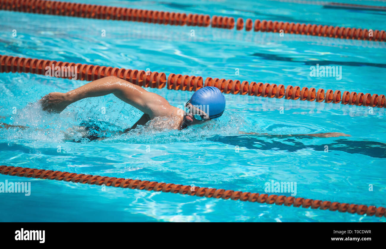 Young Caucasian male swimmer swimming freestyle in swimming pool Stock ...