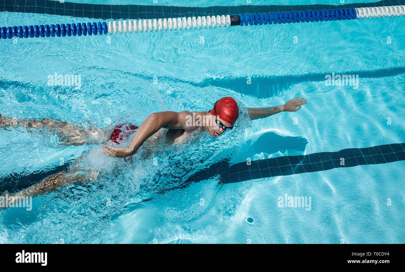 Young Caucasian male swimmer swimming freestyle in swimming pool Stock ...