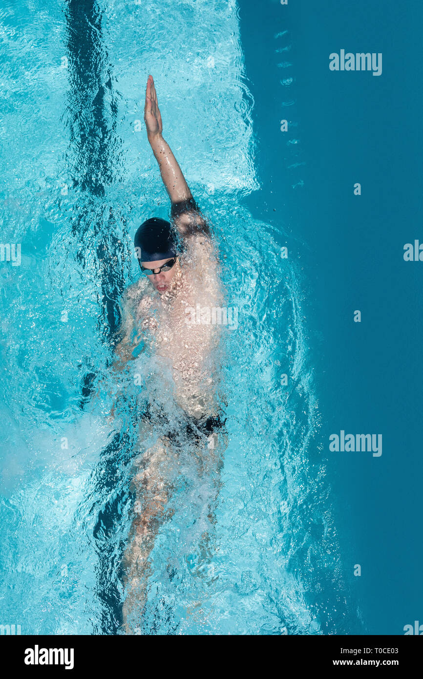 Young swimmer swimming backstroke in swimming pool Stock Photo - Alamy