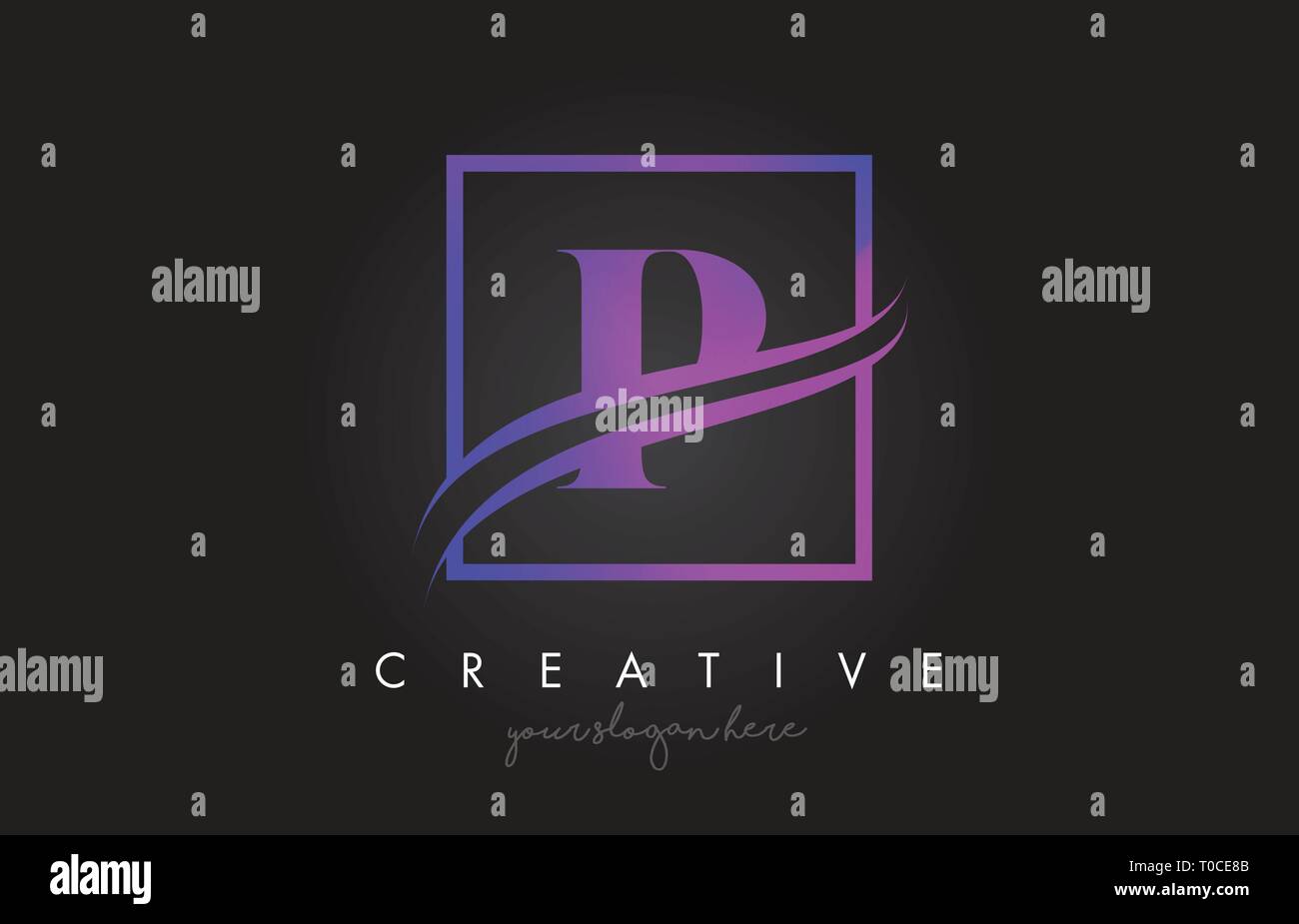 P Purple Violet Letter Icon Logo Design with Square Swoosh Border and ...