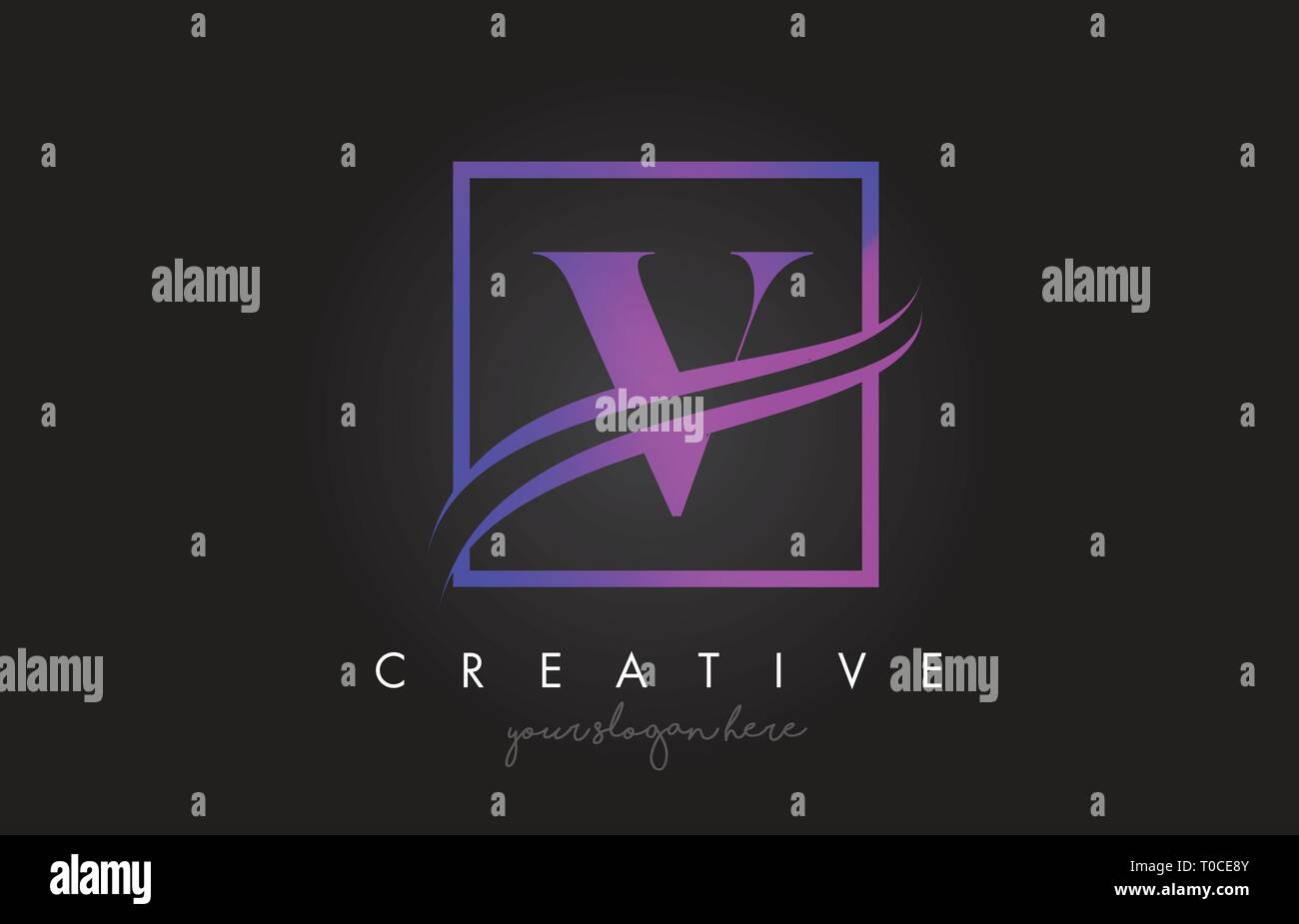 V Purple Violet Letter Icon Logo Design with Square Swoosh Border and ...