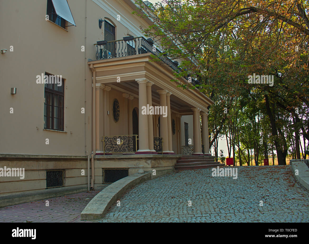Outside view on entrance into villa with doors, stairs and windows ...