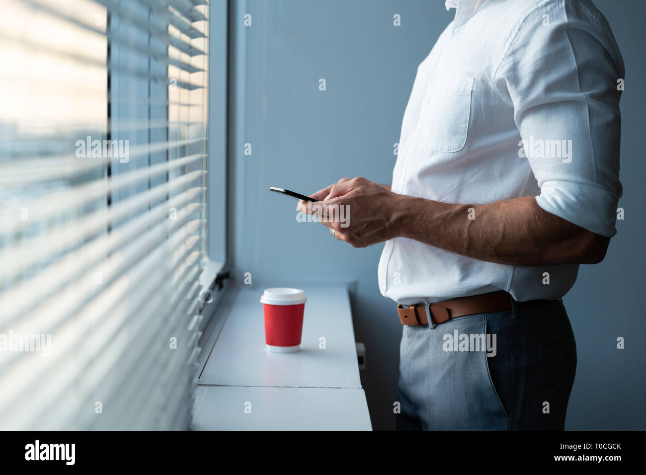 Young male executive using mobile phone while looking outside window in ...