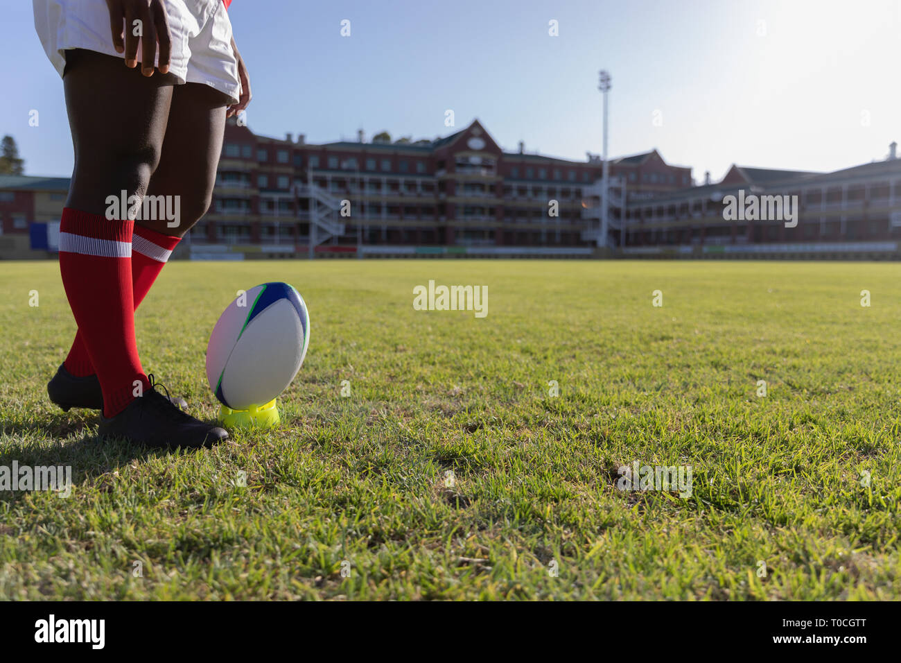 Male rugby player standing with rugby ball in the rugby ground Stock ...