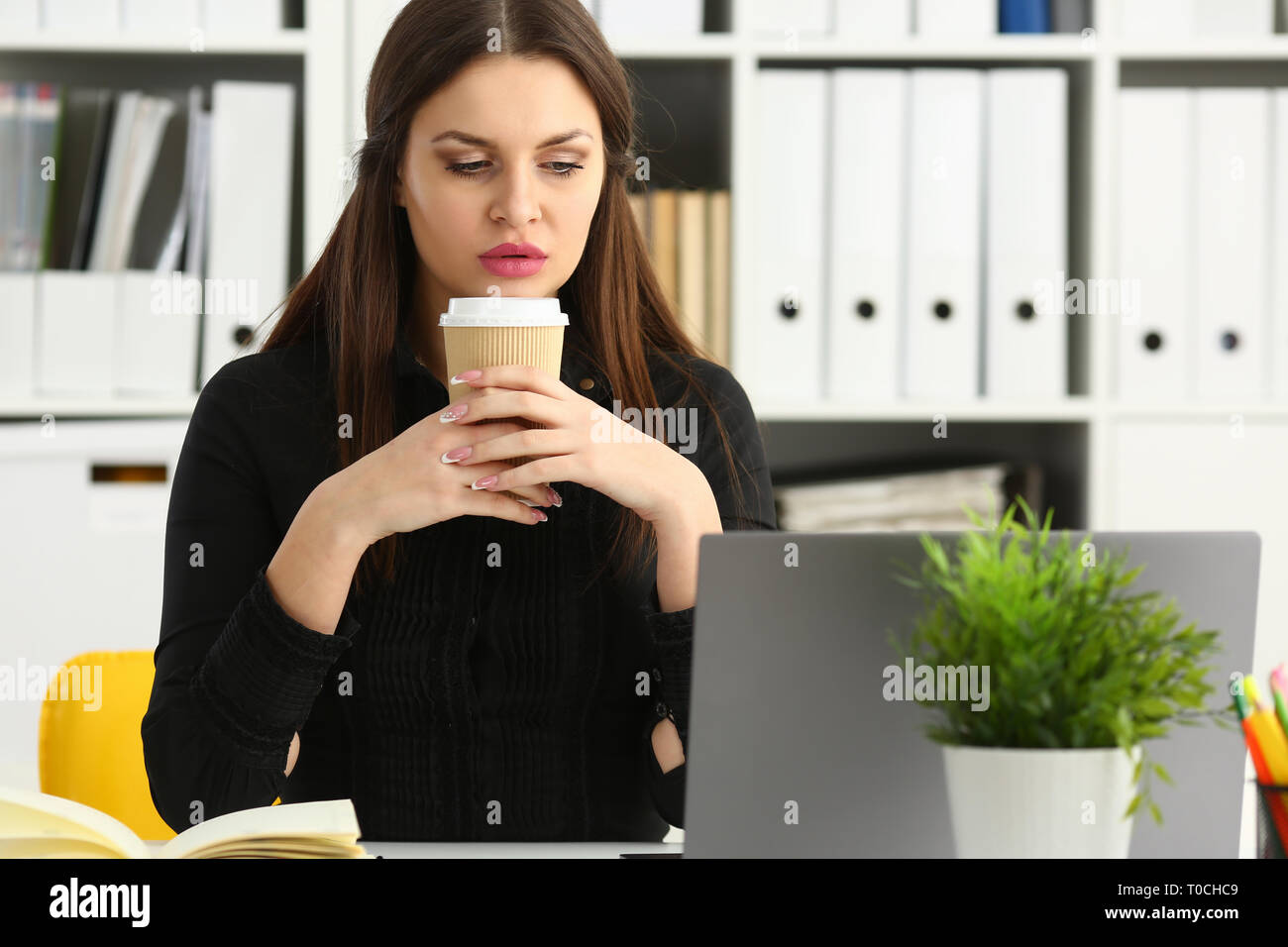 Beautiful brunette smiling clerk woman work Stock Photo - Alamy