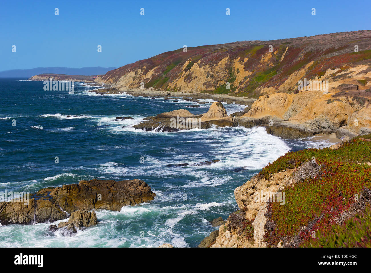 Pacific coastal line of Bodega Bay in California, USA. High waves of ...