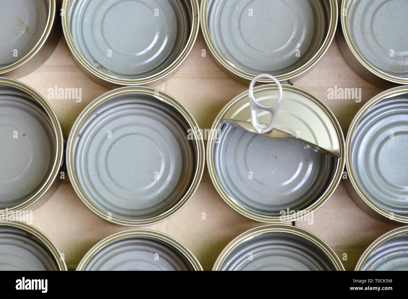 empty tin can food in brown paper box Stock Photo - Alamy