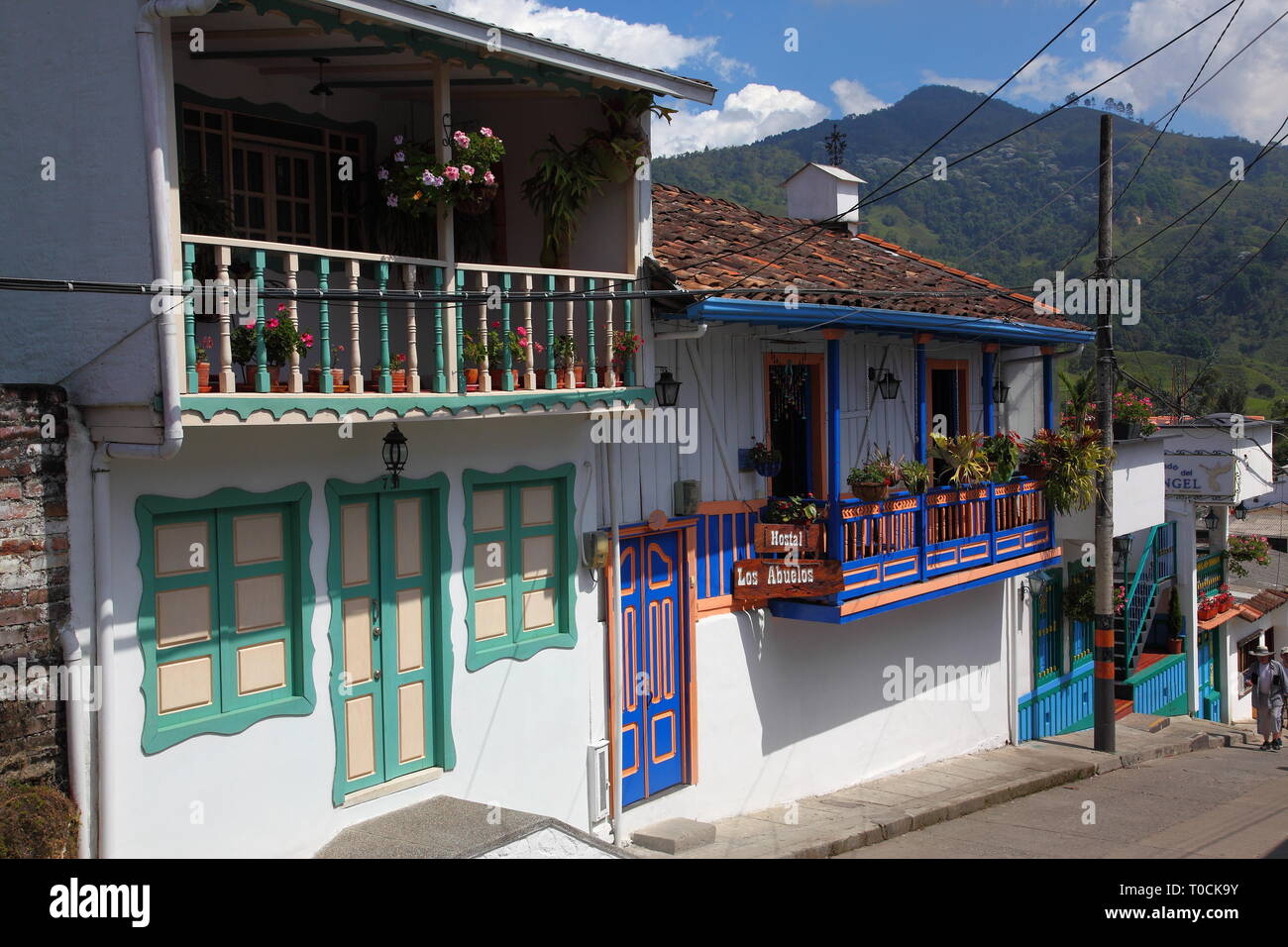 Brightly painted houses in the town of Salento, in district of Quindío ...