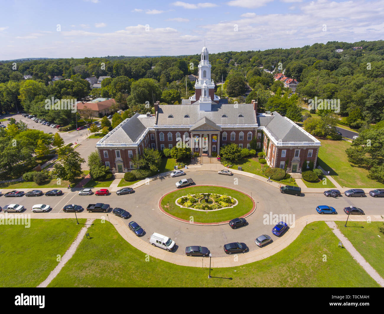 Newton City Hall aerial view in downtown Newton, Massachusetts, USA ...