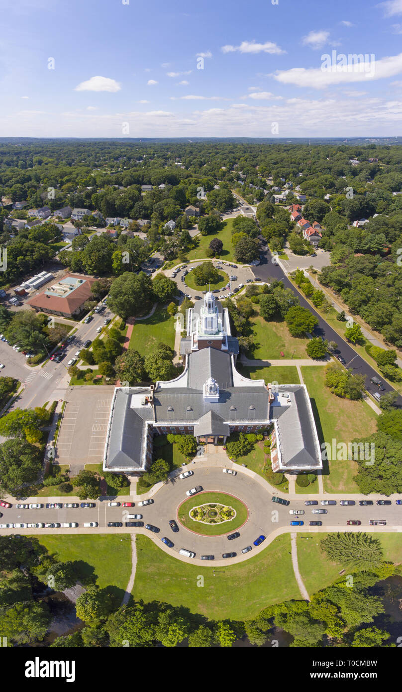 Newton City Hall aerial view in downtown Newton, Massachusetts, USA ...