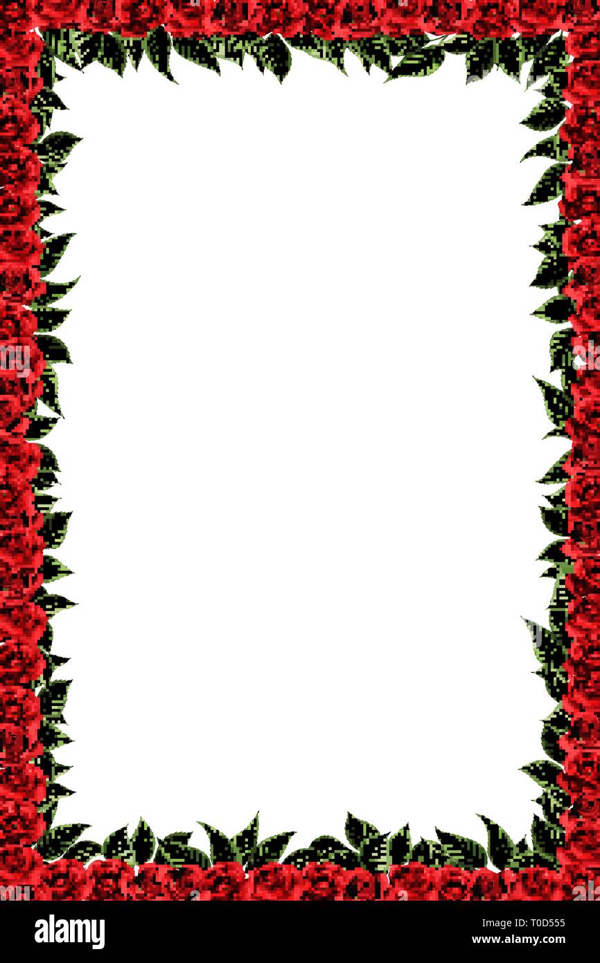 Elegant red roses and green leaves floral bouquet vector design frame ...