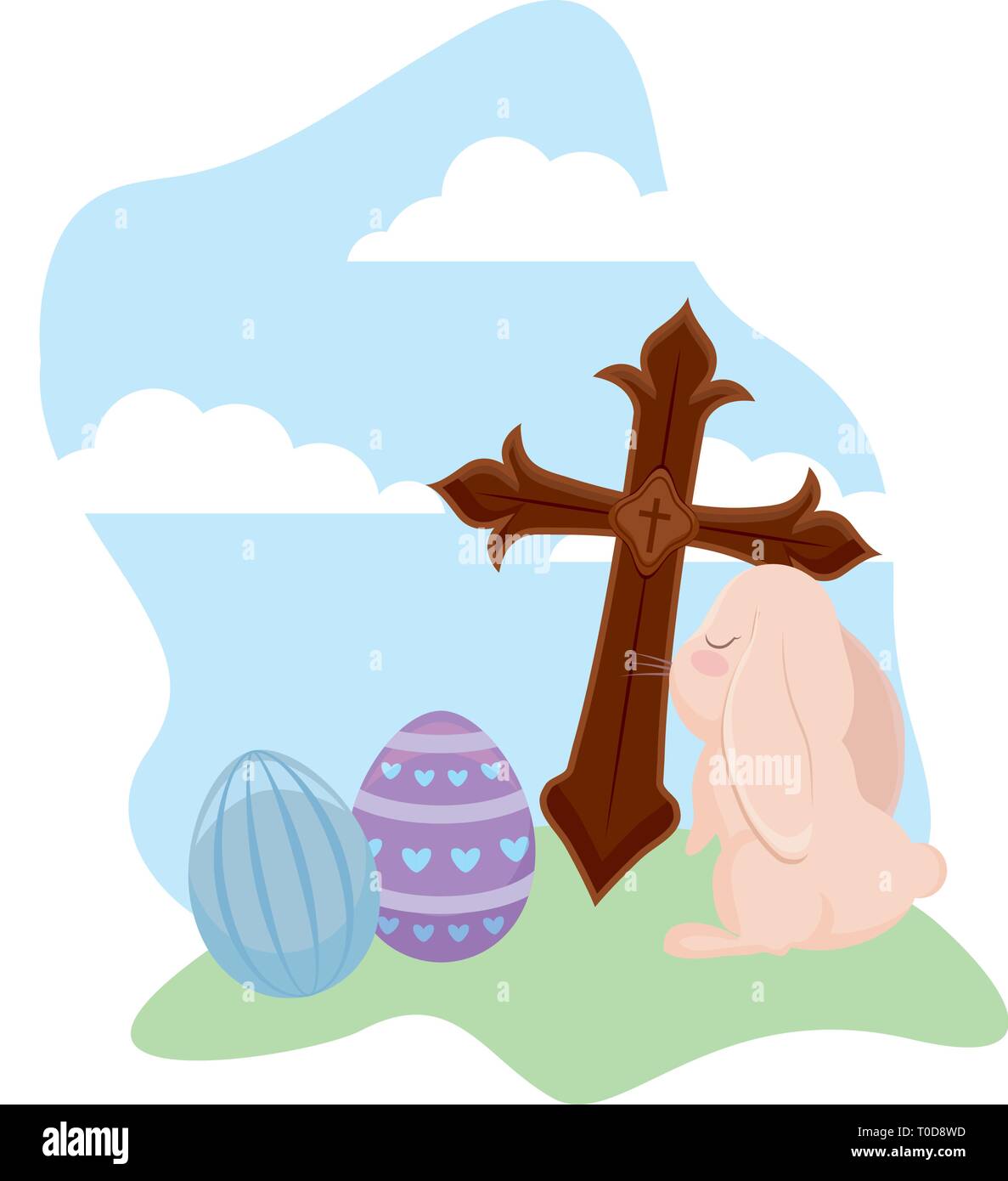 cute rabbit with eggs of easter and cross catholic vector illustration ...