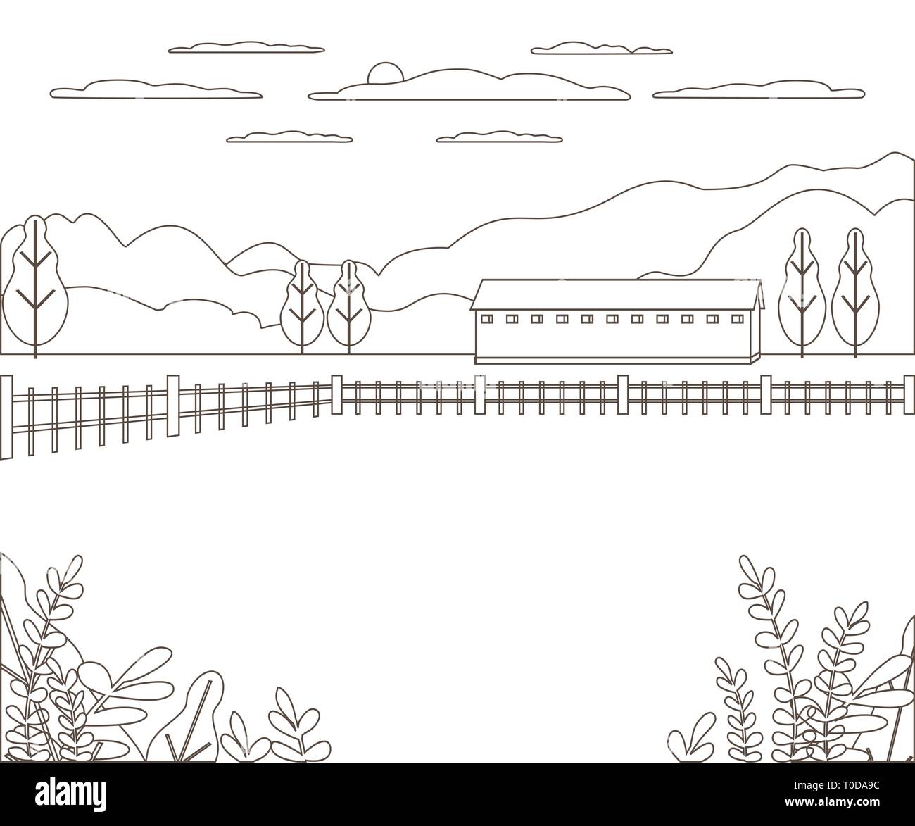 Thin line outline landscape rural farm. Panorama design village modern ...