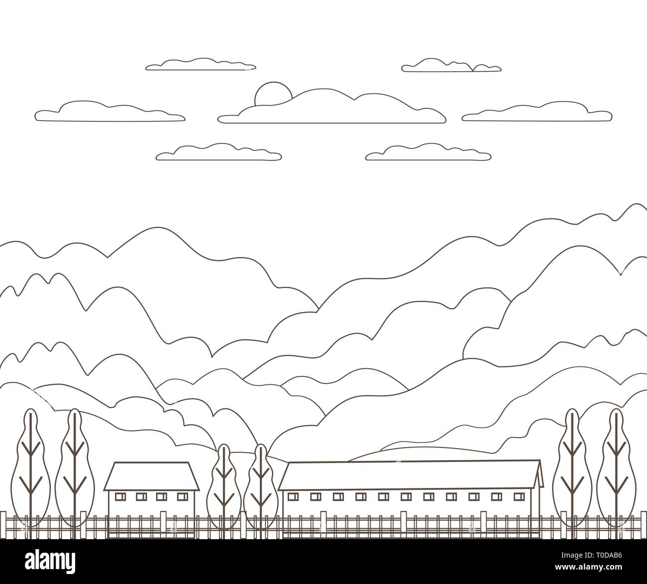 Thin line outline landscape rural farm. Panorama design village modern ...