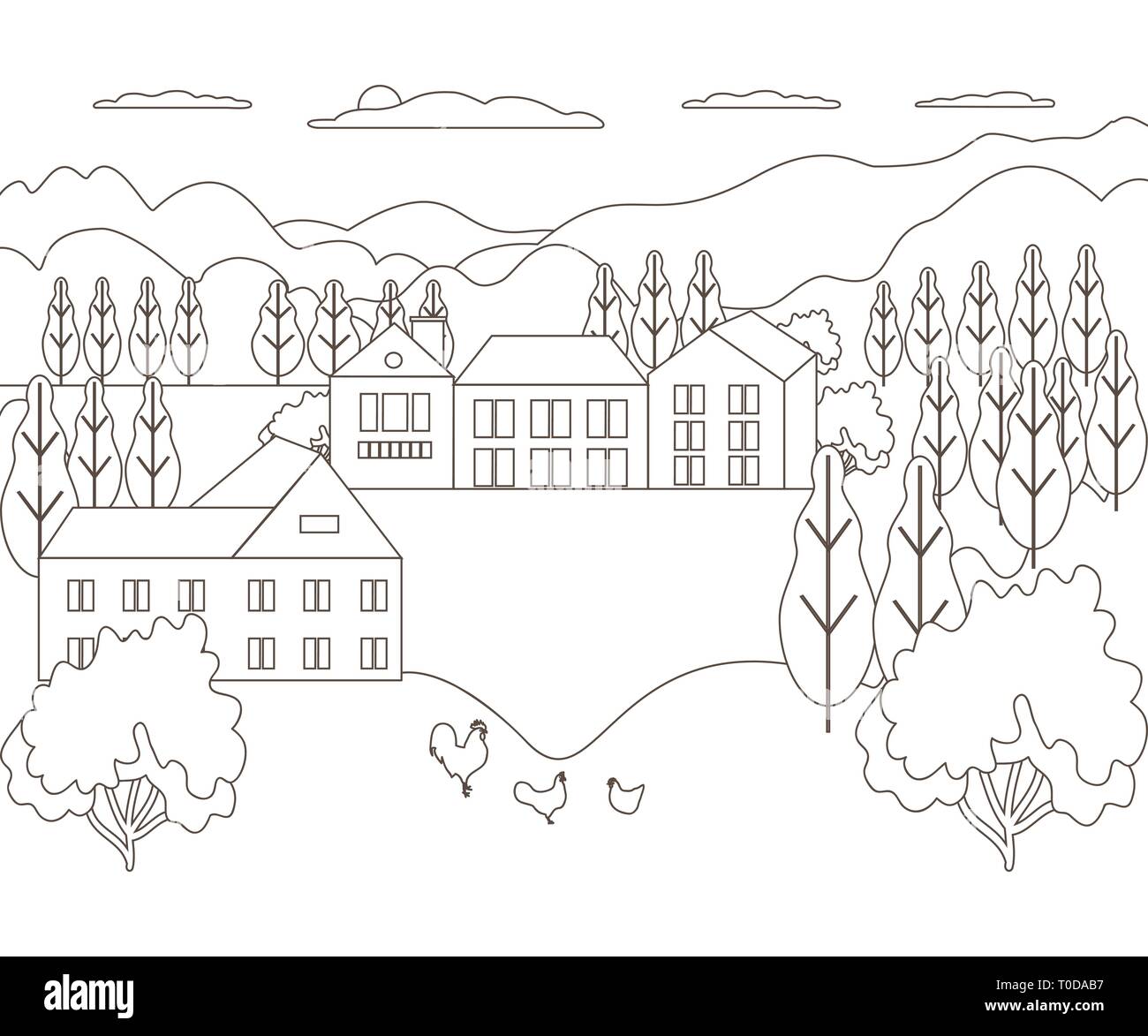 Thin line outline landscape rural farm. Panorama design village modern ...