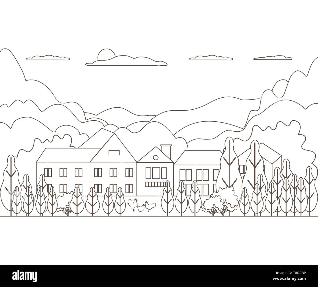 Thin line outline landscape rural farm. Panorama design village modern ...