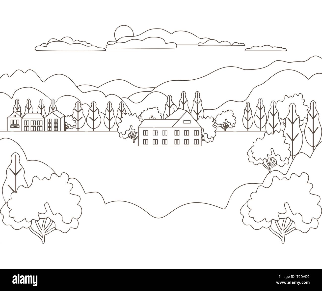Thin line outline landscape rural farm. Panorama design village modern ...