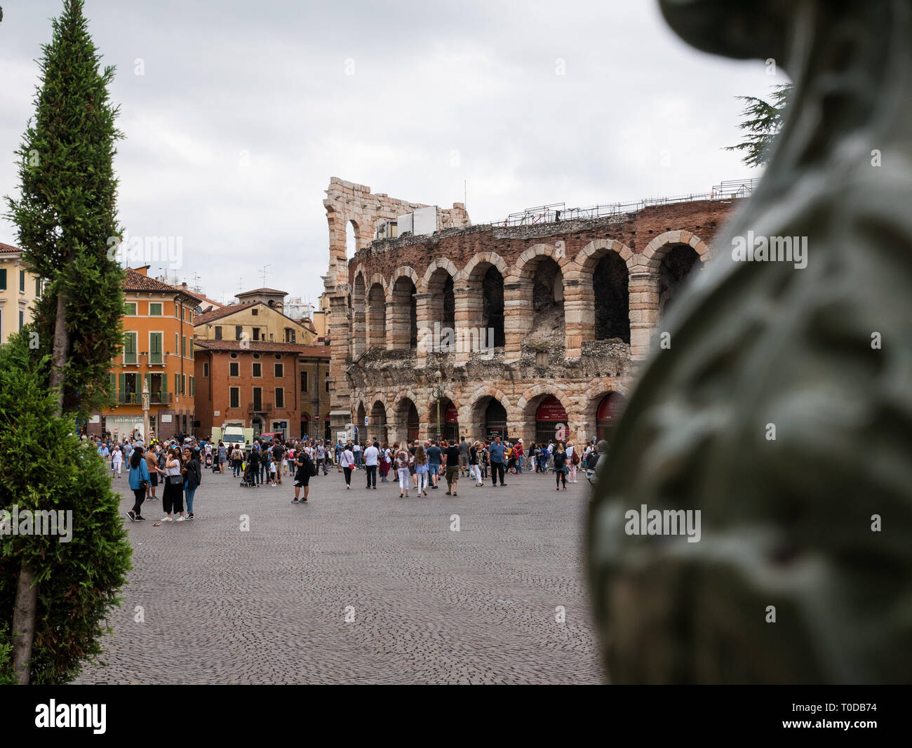 view of the Verona arena walls behind a lamppost of light, Roman ...