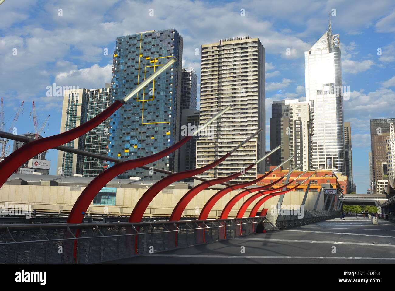 Pedestrian bridge over motorway in Melbourne with ornamental steel ...