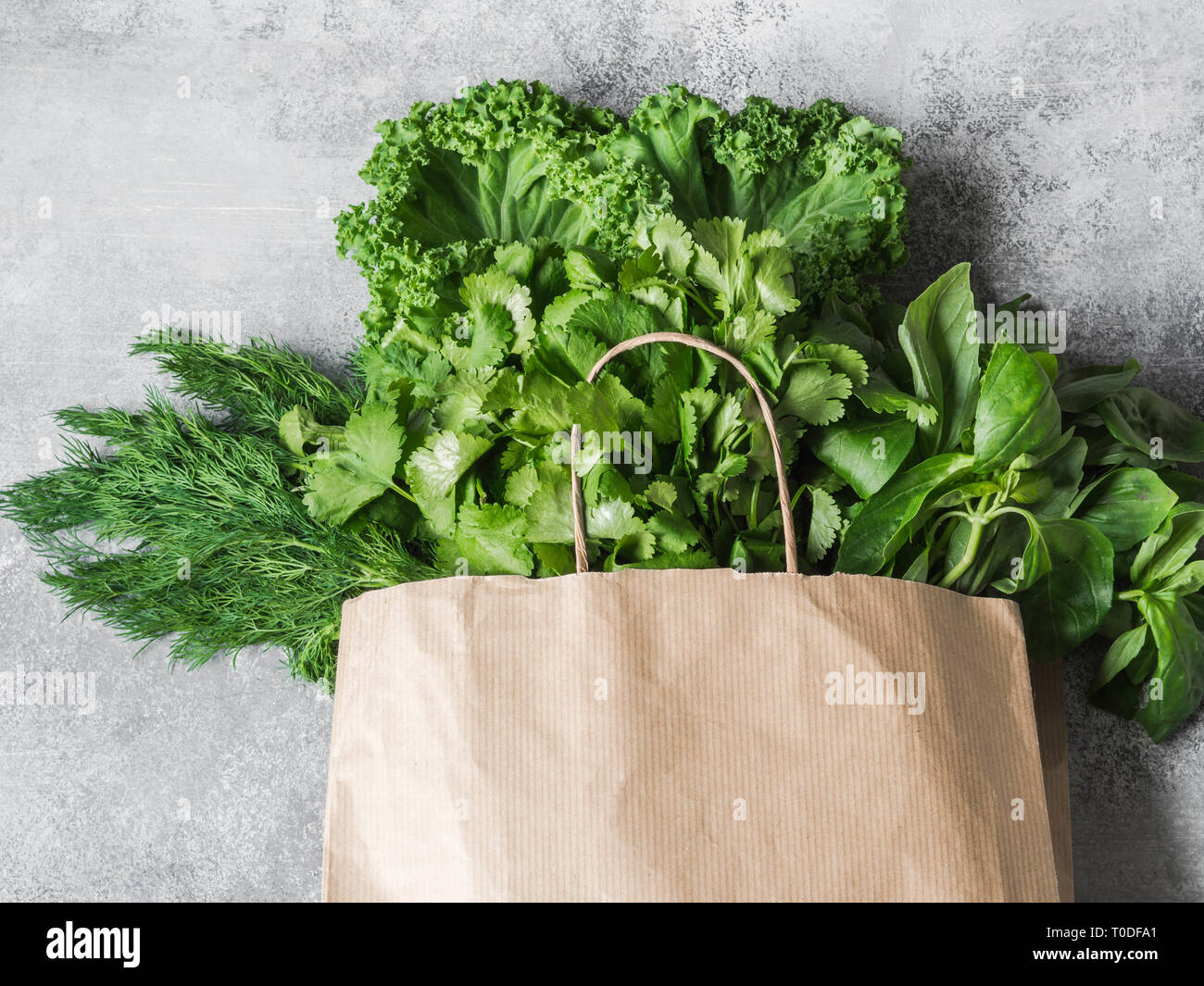 Healthy green vegan ingredients for cooking. Various herbs and keil in ...