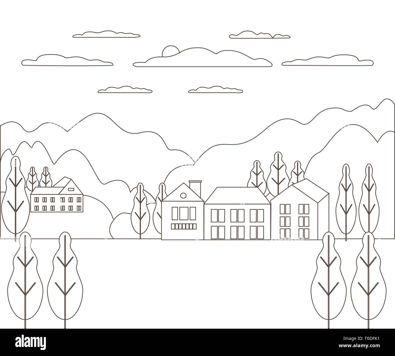 Thin line outline landscape rural farm. Panorama outdoor design village ...