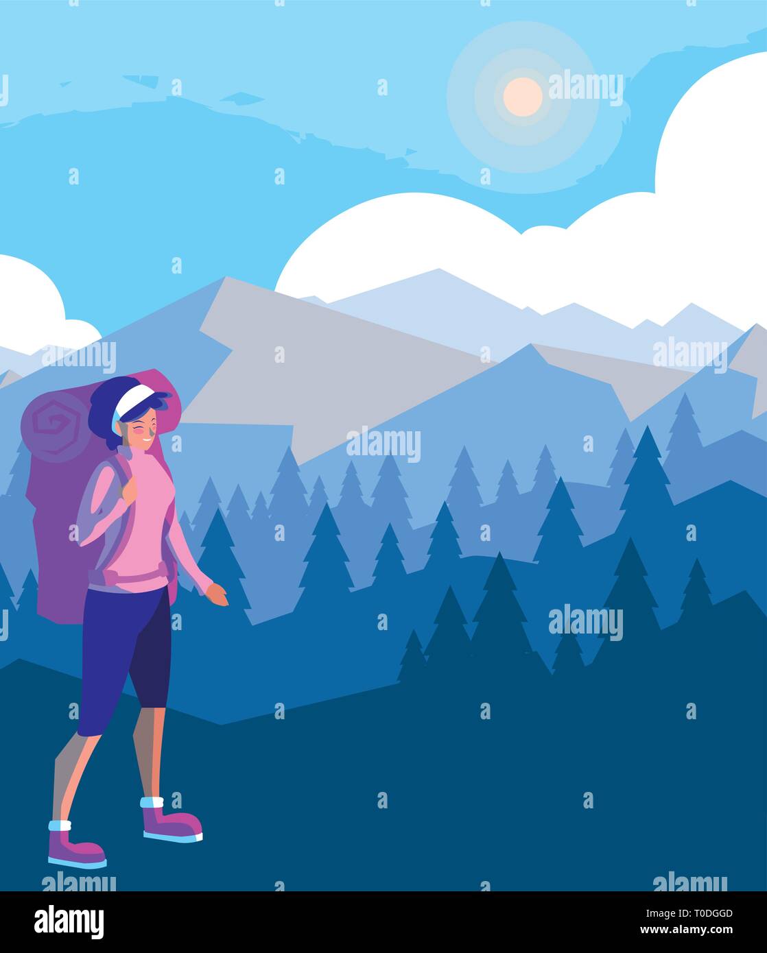 adventurous woman with travelbag in the snowscape vector illustration ...