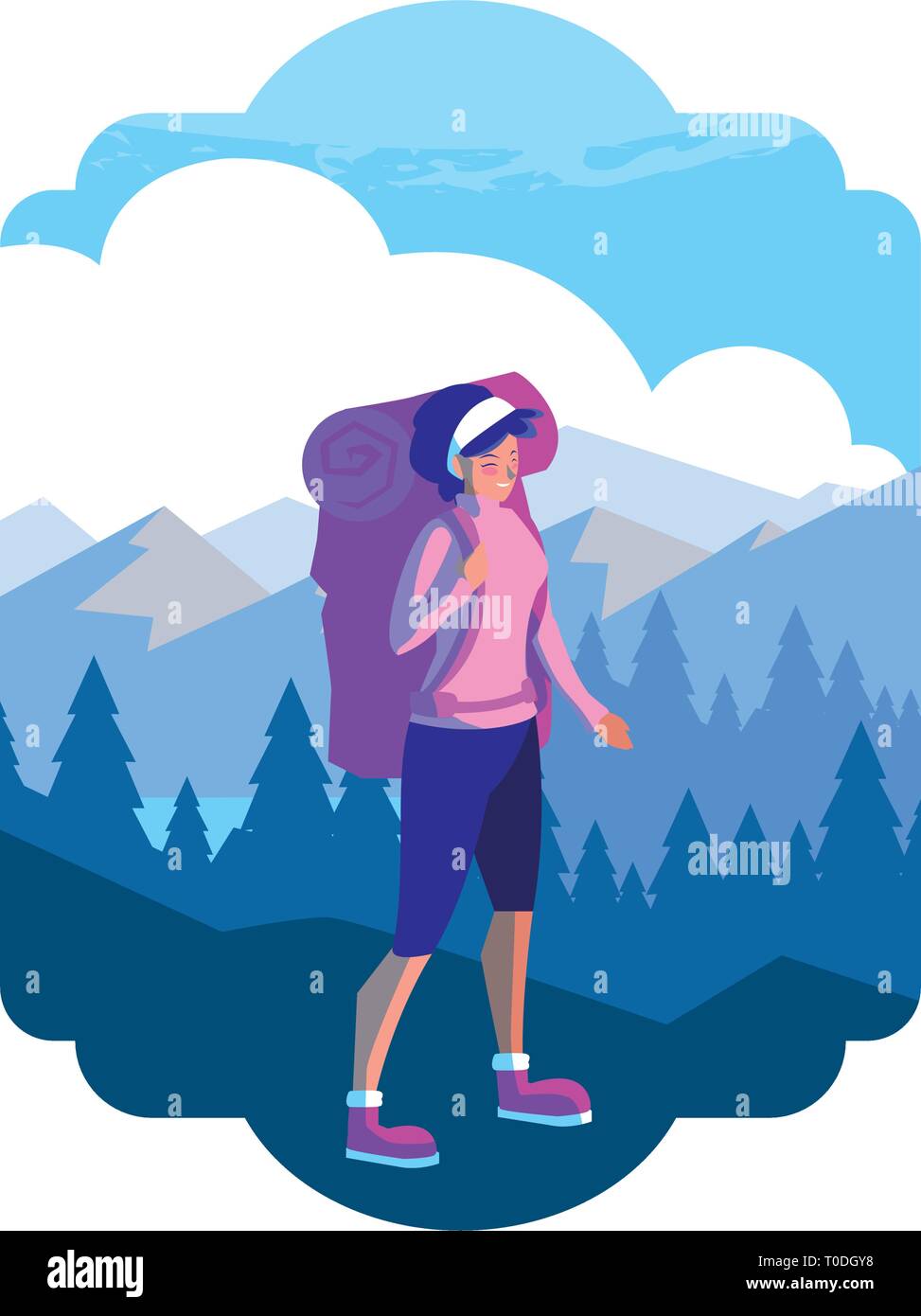adventurous woman with travelbag in the snowscape vector illustration ...