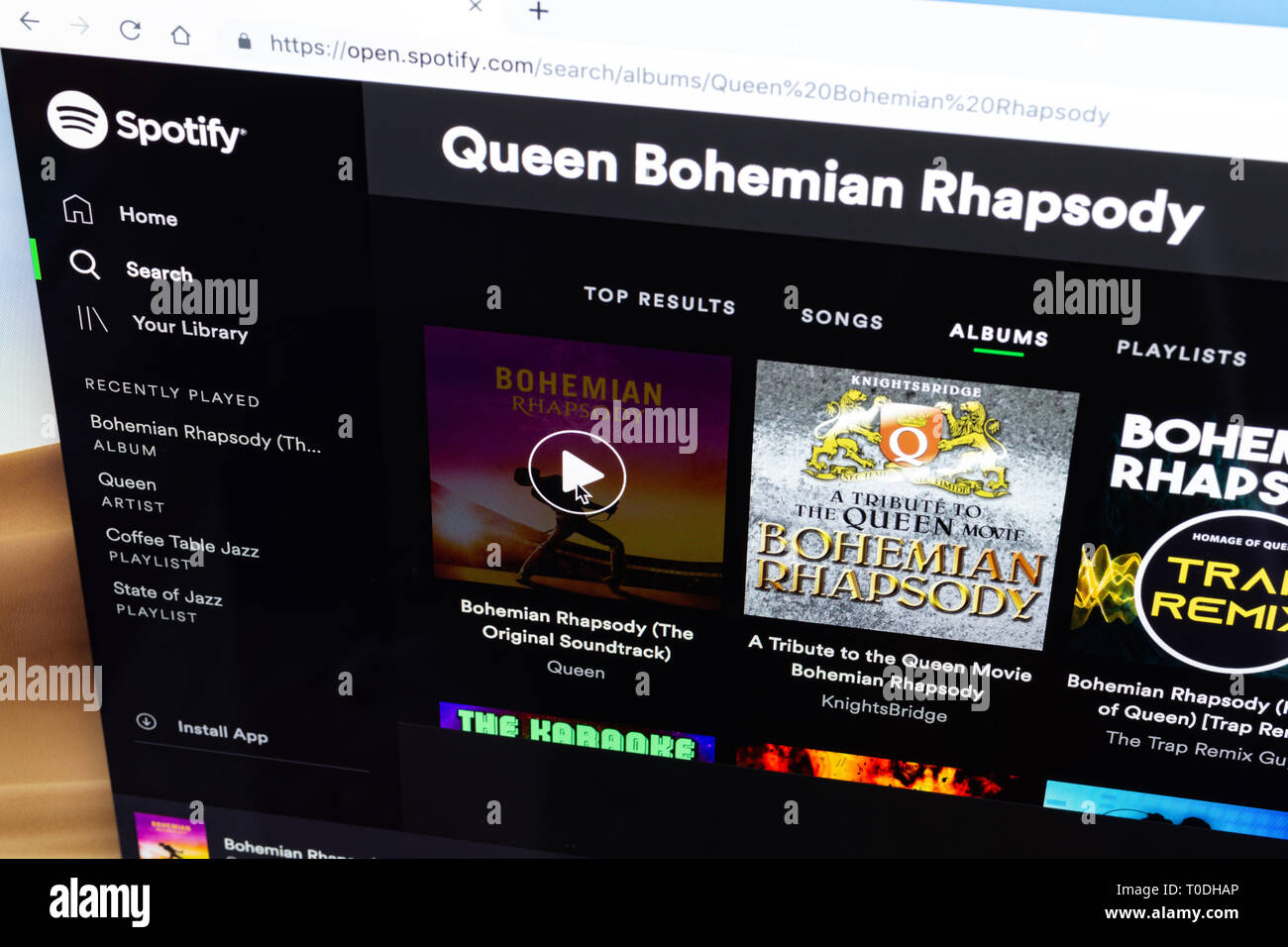 Spotify search page showing Queen Bohemian Rhapsody in desktop computer ...