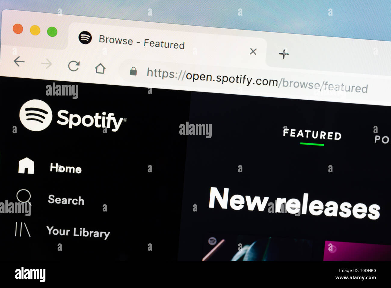 Spotify homepage menu close-up in desktop computer browser Stock Photo ...
