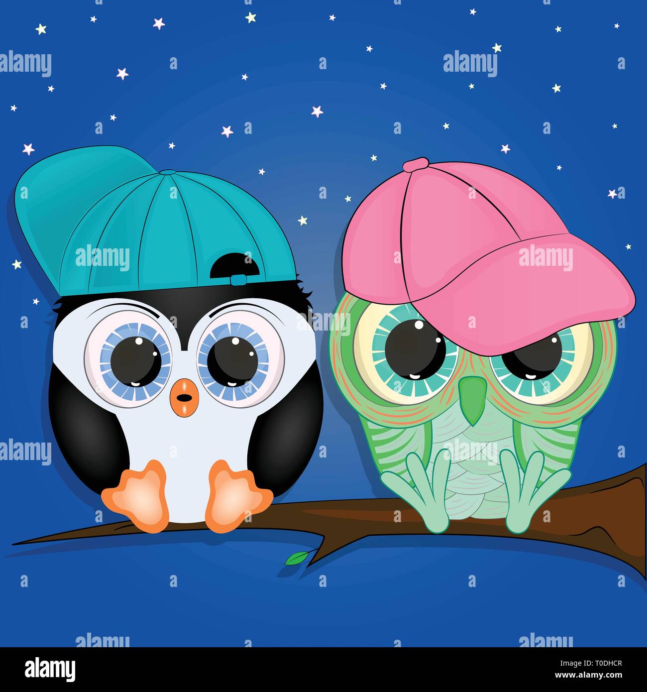 little penguin and owl cartoon vector illustration Stock Vector Image ...