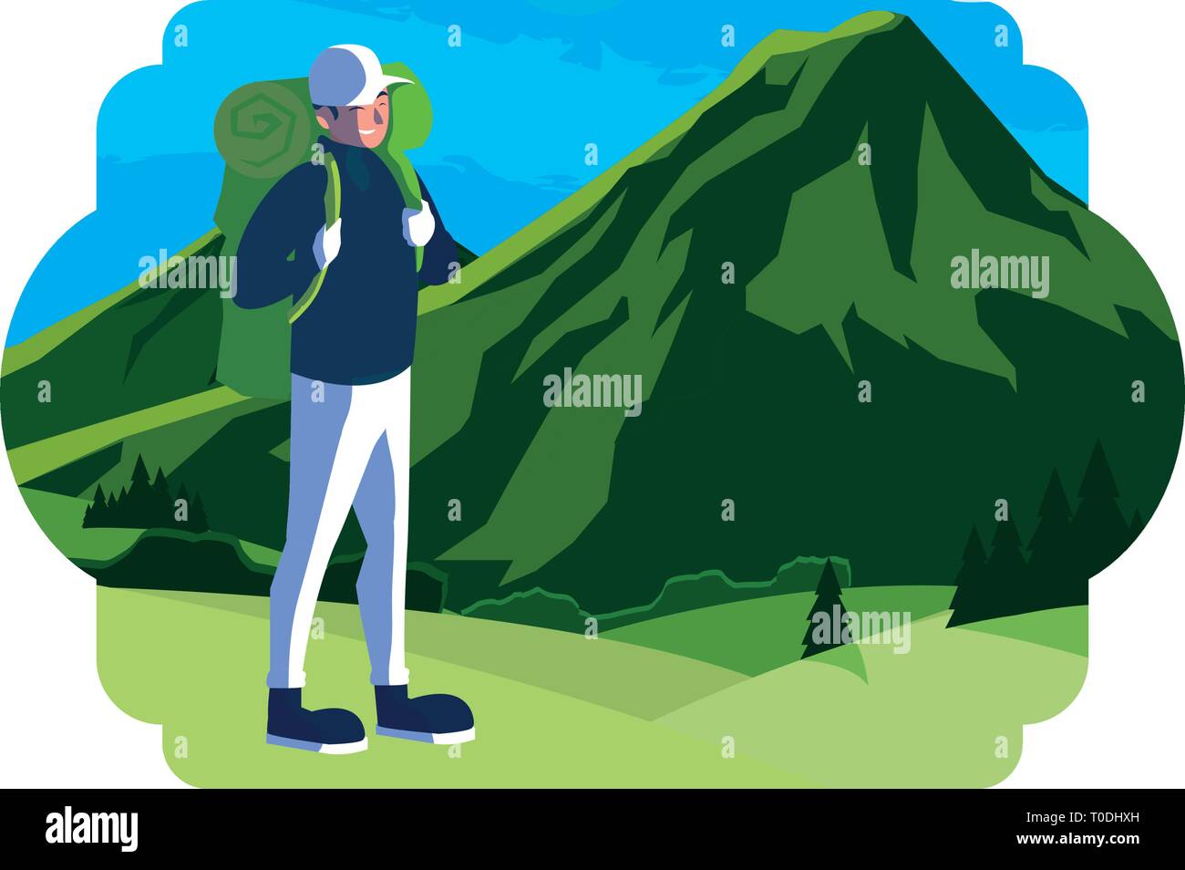 adventurous man with travelbag in the mountains vector illustration ...