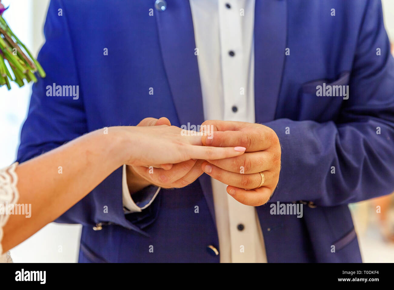 Bride and groom marriage hands with wedding rings. Groom hand putting ...