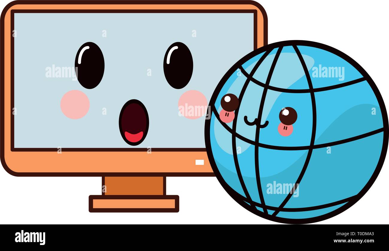 Computer and global sphere kawaii cartoon Stock Vector Image & Art - Alamy