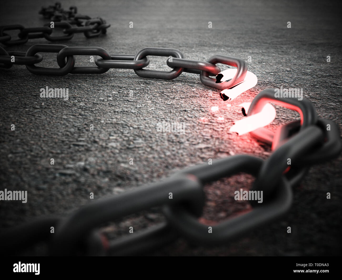 Illuminated broken chain part on the ground. 3D illustration Stock ...