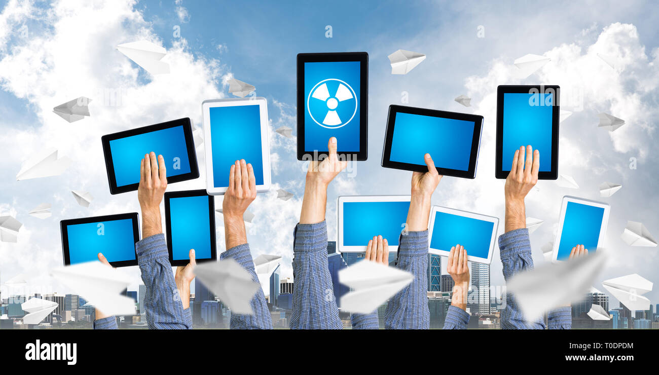 Close of man hands in line showing tablet pc with blank blue screen ...