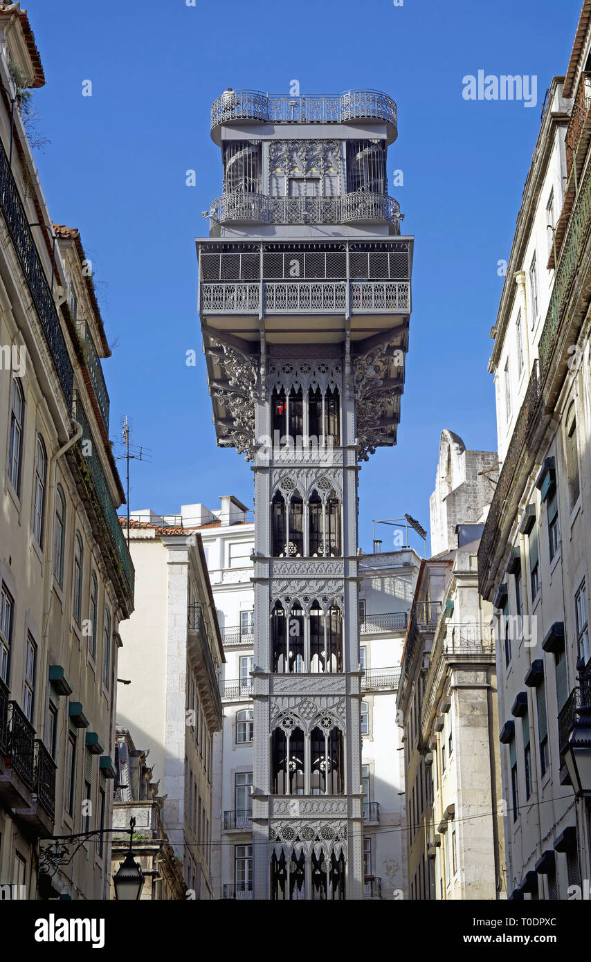 Frontal view of the famous 'Elevador de Santa Justa', the 19th century ...