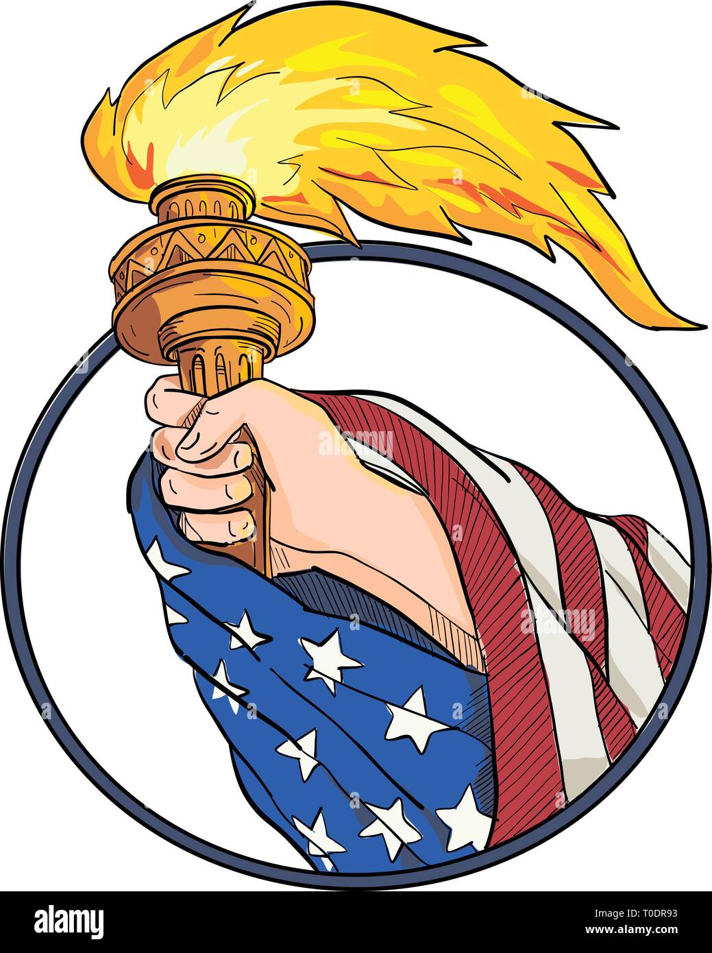 Drawing sketch style illustration of a hand holding a Statue of Liberty ...