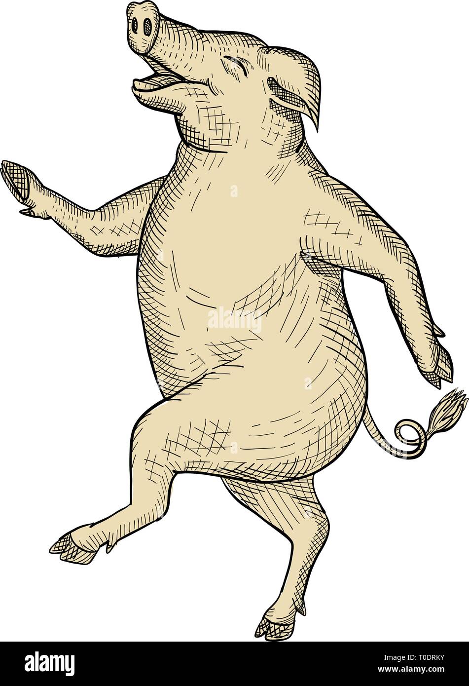 Drawing sketch style illustration of a jolly and happy pig dancing ...