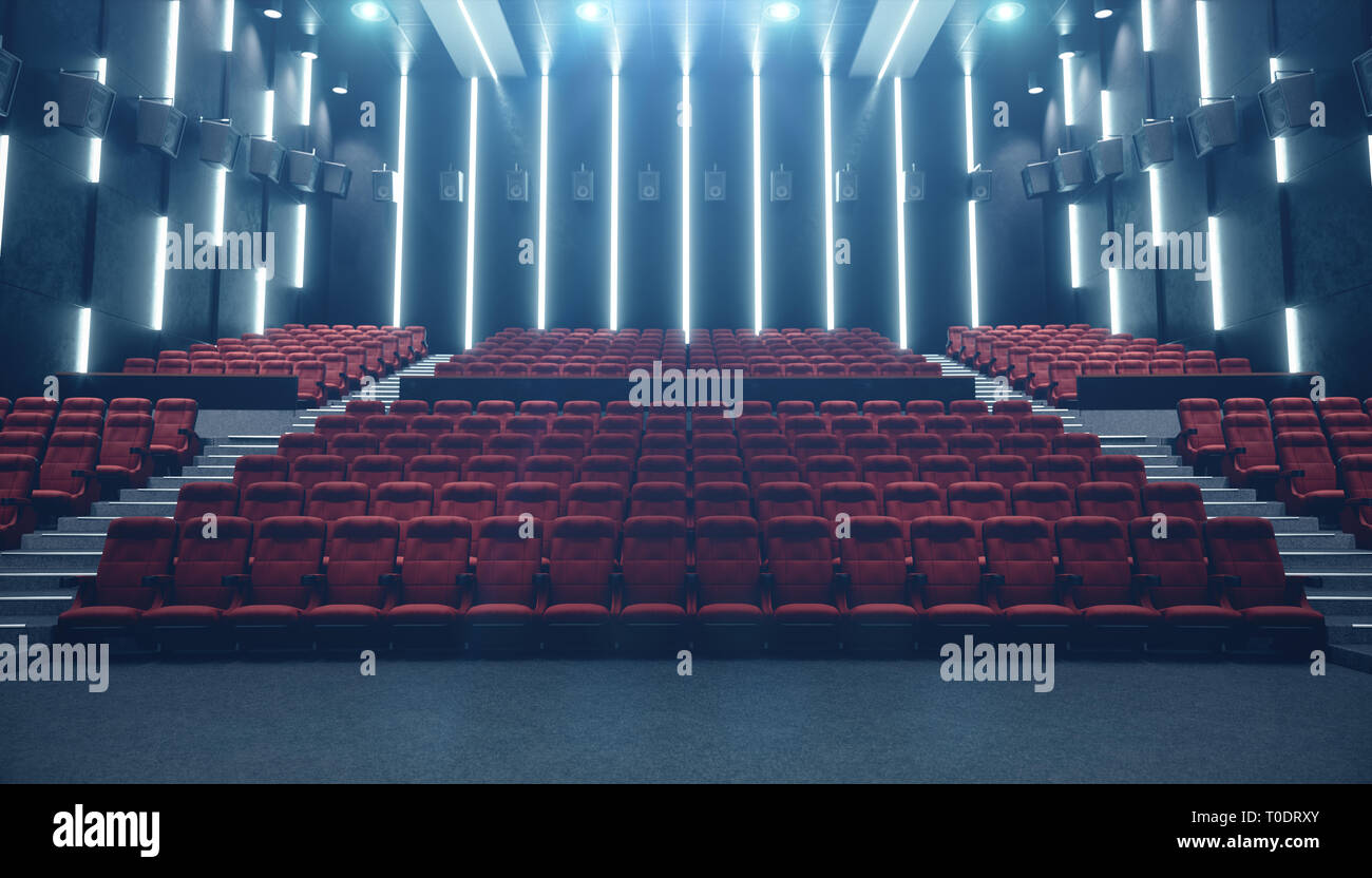 Cinema hall with blank screen and empty seats. Modern design with ...