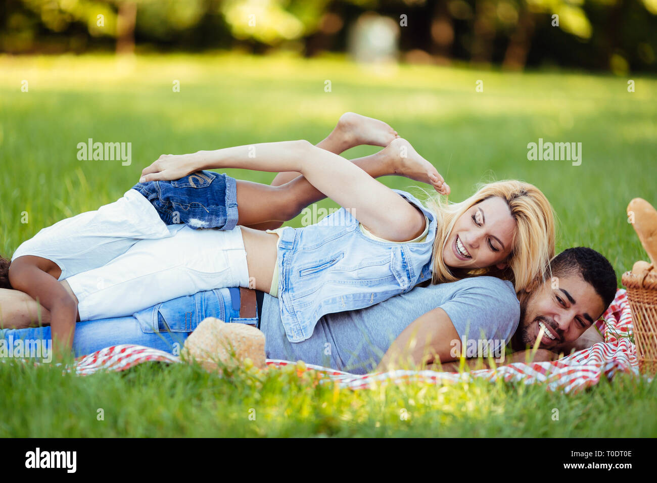 Happy family having fun time on picnic Stock Photo - Alamy