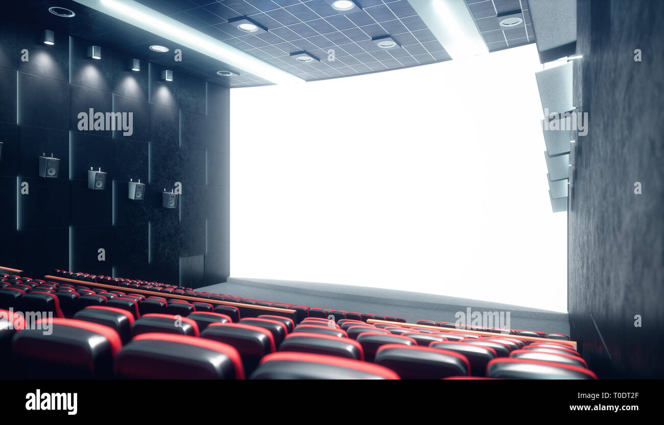 Cinema hall with blank screen and empty seats. Modern design with ...